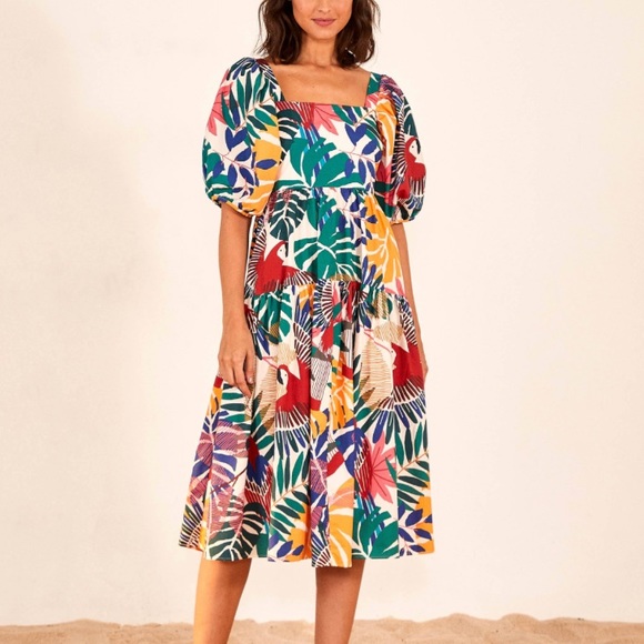 FARM Rio | Dresses | Farm Rio Off White Macaw Midi Dress In Multi ...